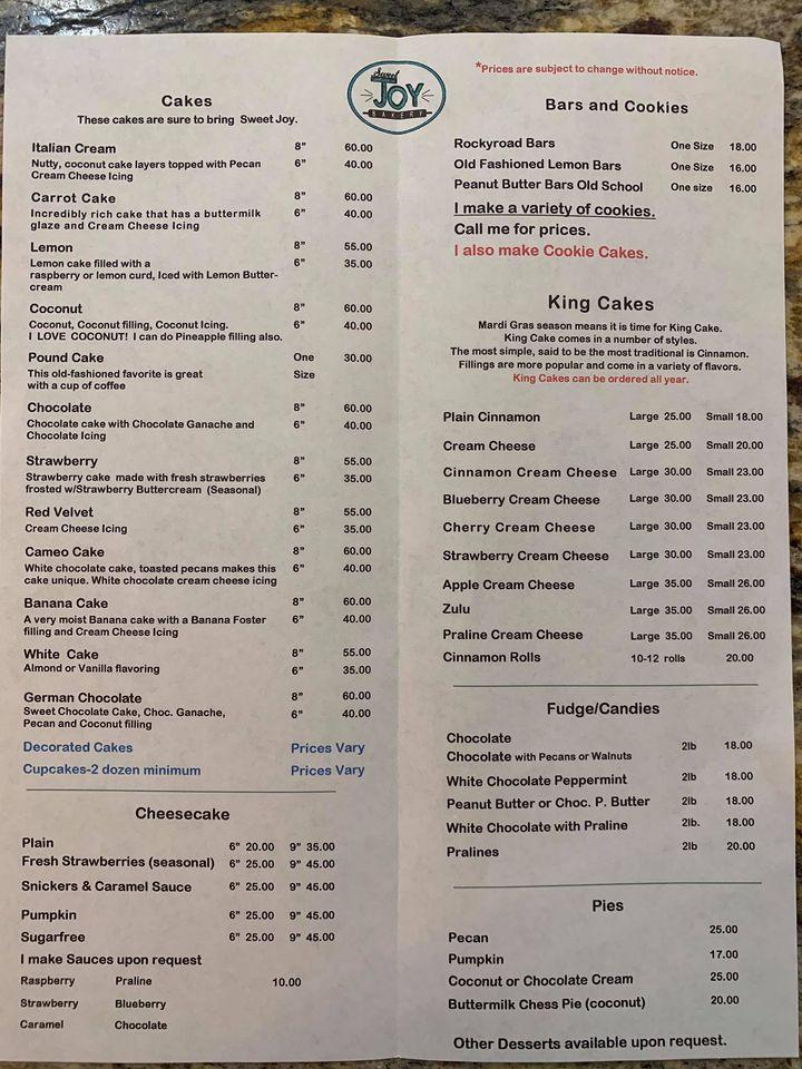 Menu at Sweet JOY Bakery LLC, Pineville