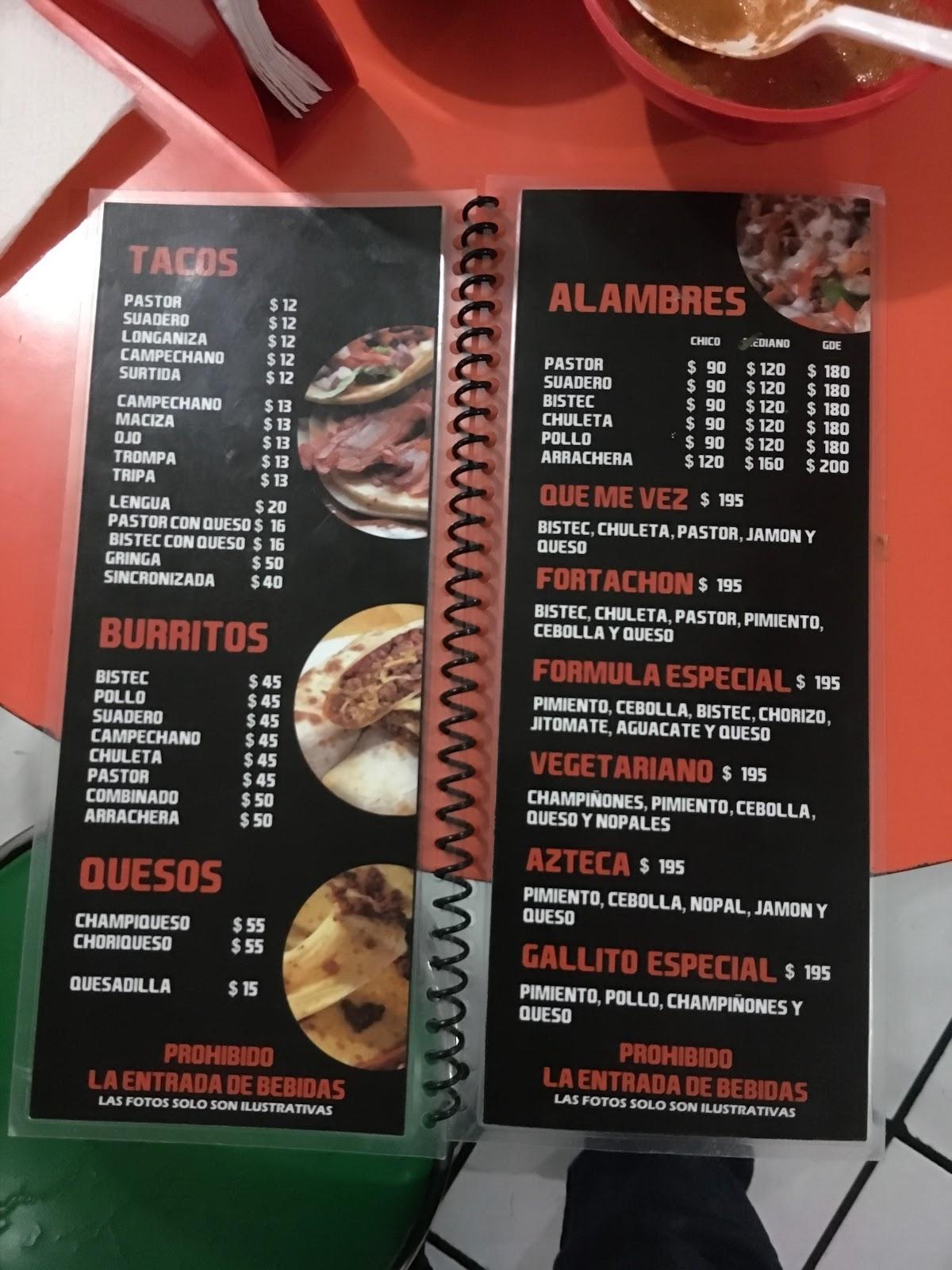 Menu at Taquería burrito Azteca restaurant, Mexico City