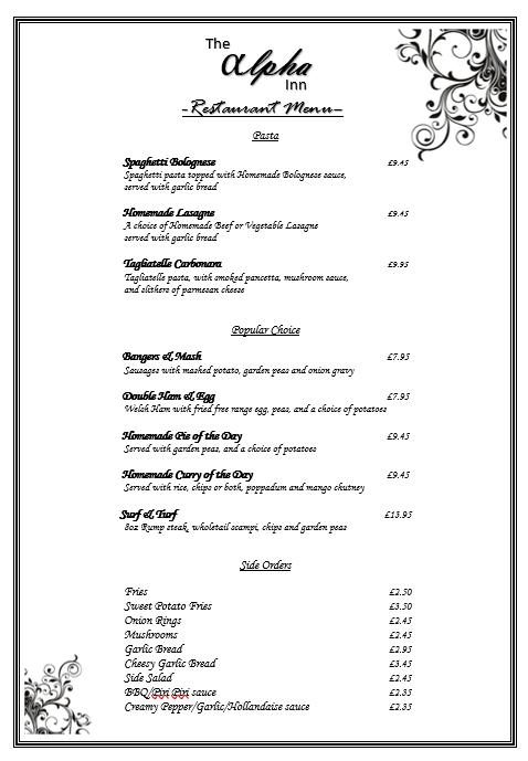 Menu at The Alpha Inn pub & bar, Whitland