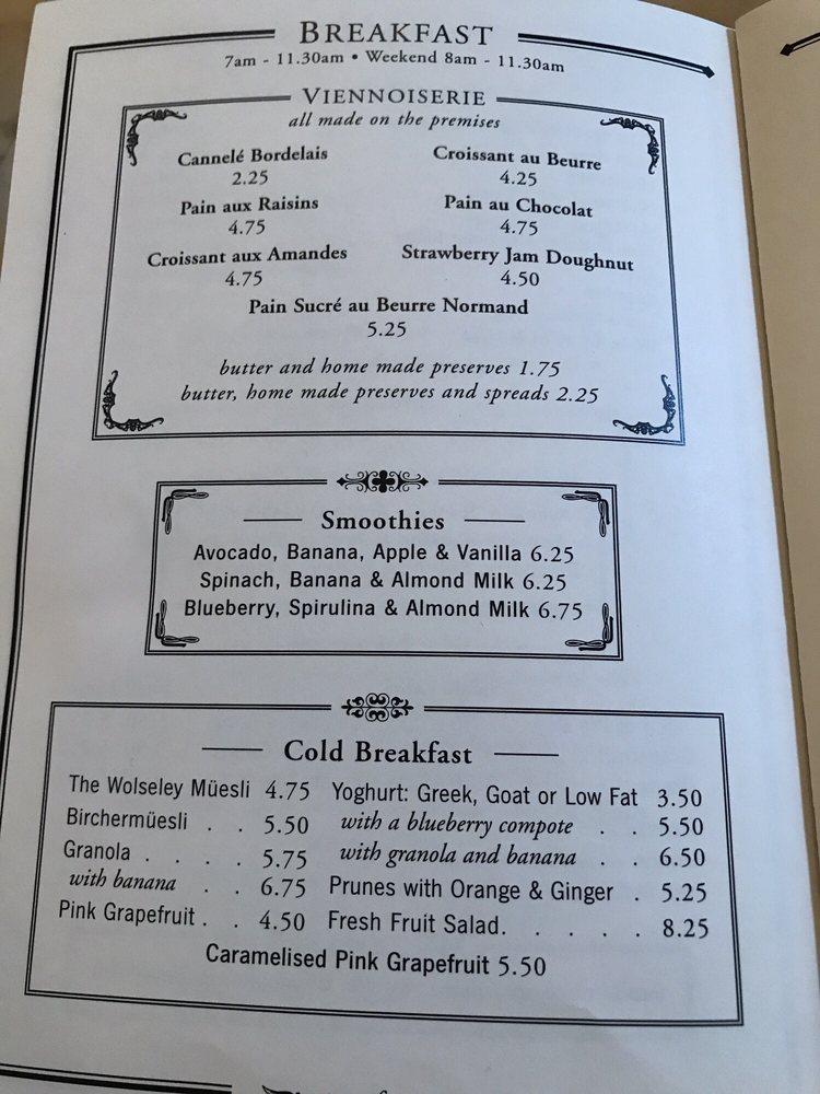 Menu at The Wolseley cafe, London