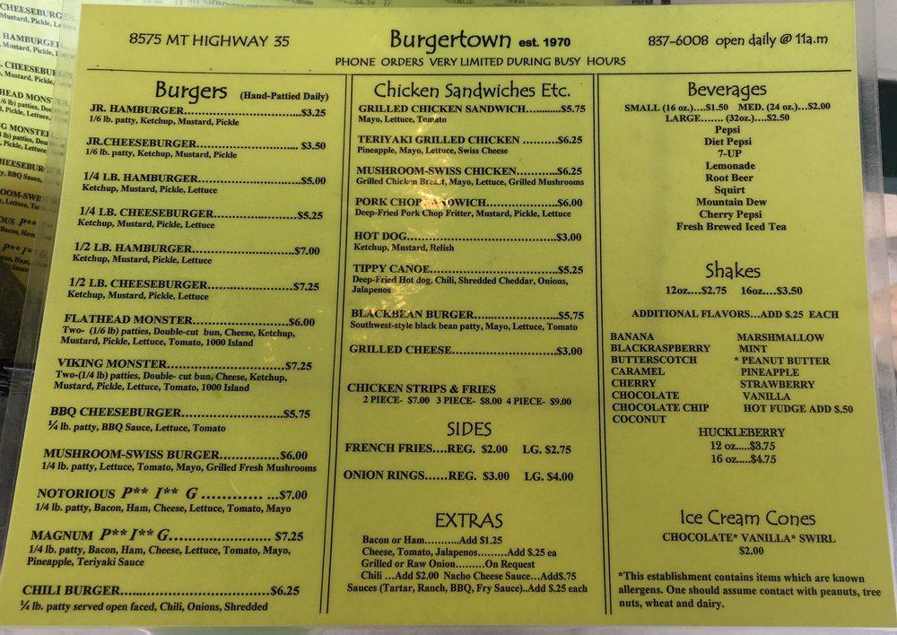 Menu at Burgertown fast food, Bigfork, Montana Hwy 35