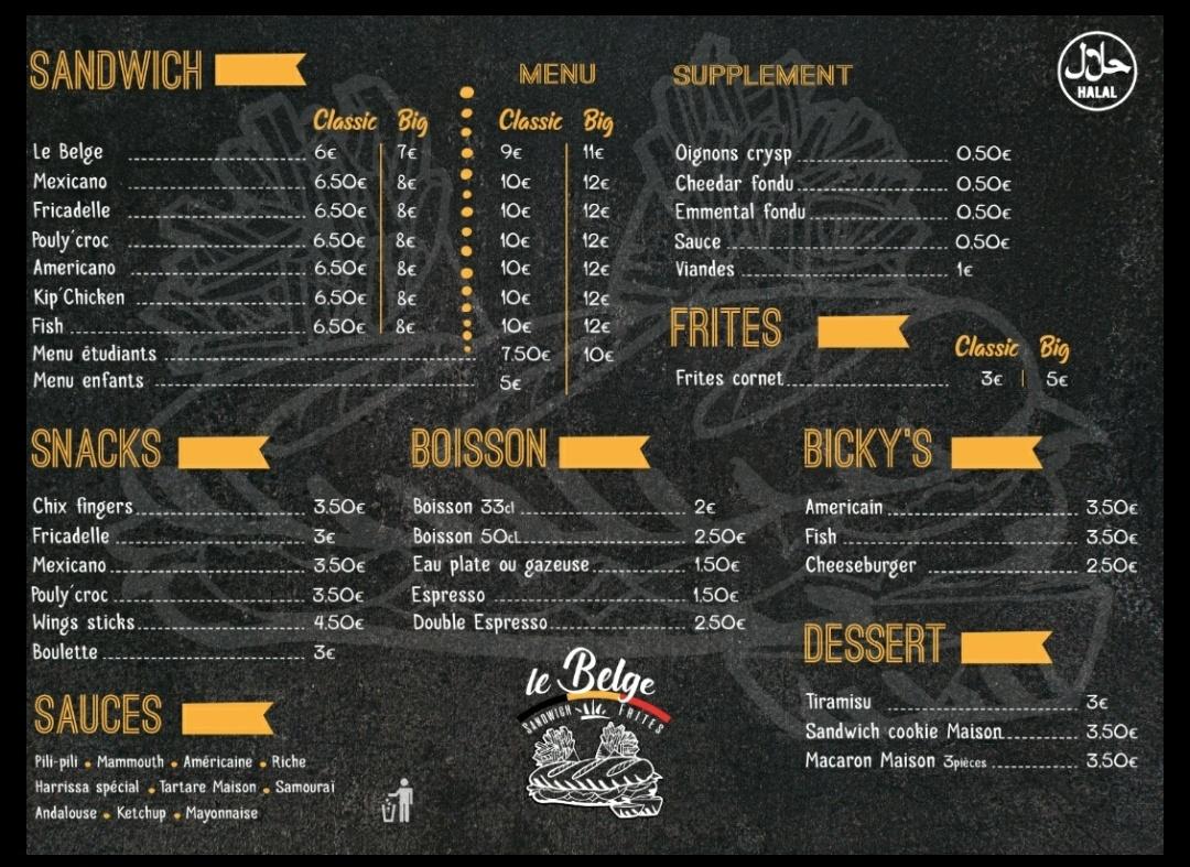 Menu at Le Belge restaurant, Strasbourg