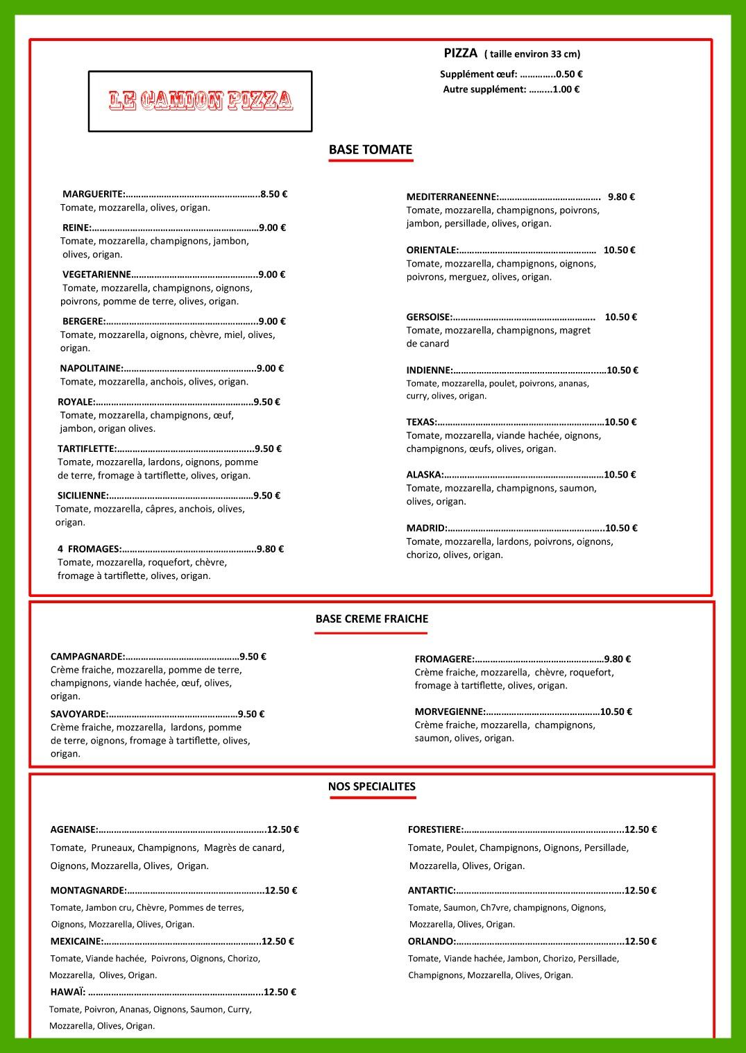 Menu au Le Camion Pizza Royan ''Chez Pascal'' pizzeria, Royan