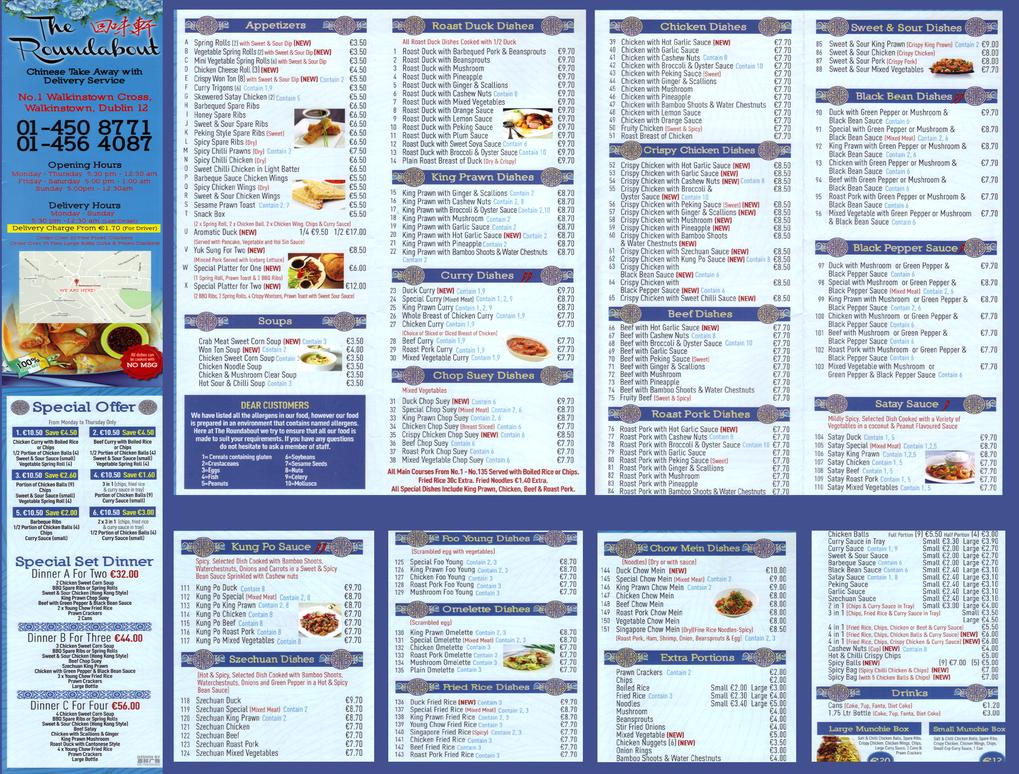 Menu at Roundabout Chinese Take Away fast food, Dublin