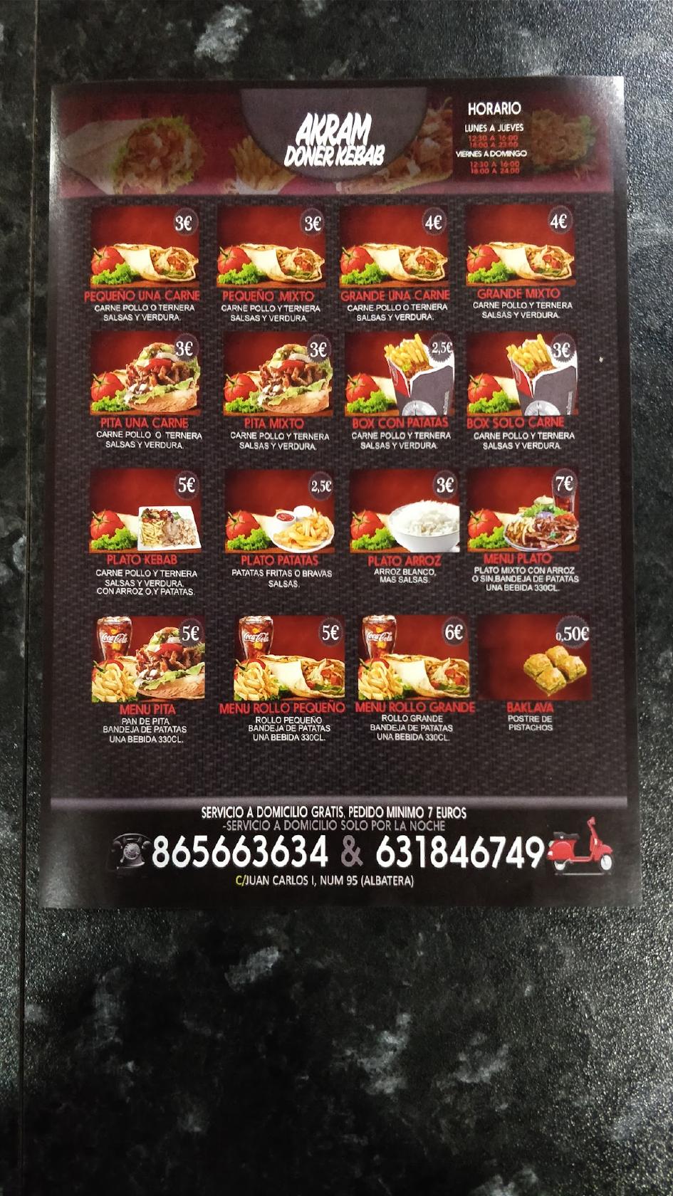 Carta del restaurante Akram Doner Kebab, Albatera