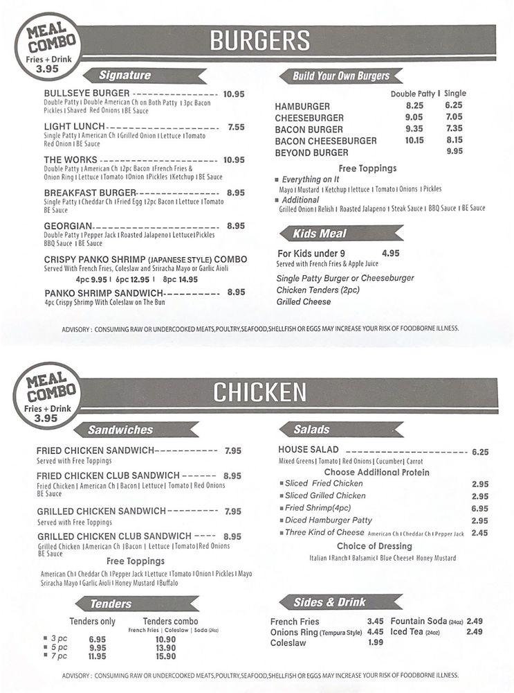 Carta del restaurante Bullseye Burgers & Chicken, Flowery Branch