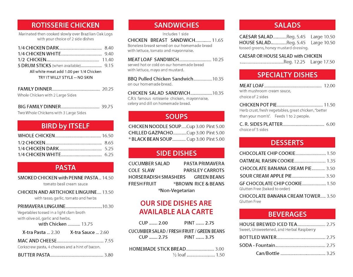 Menu at C.R. Chicks (Palm Springs) restaurant, Palm Springs