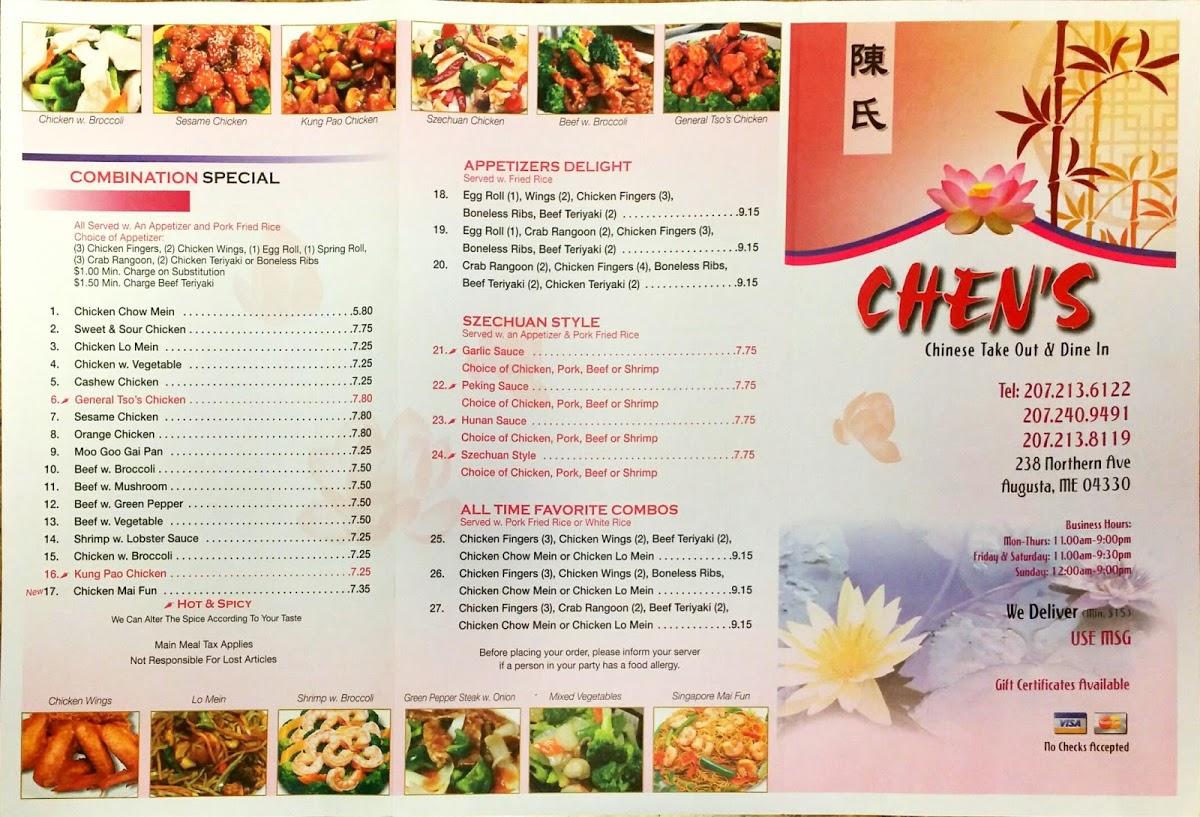 Menu at Chen's restaurant, Augusta