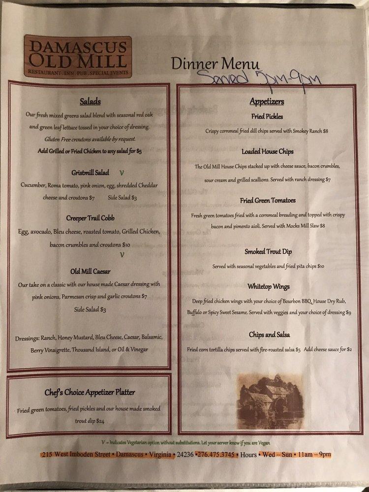 Menu at Damascus Old Mill Inn pub & bar, Damascus