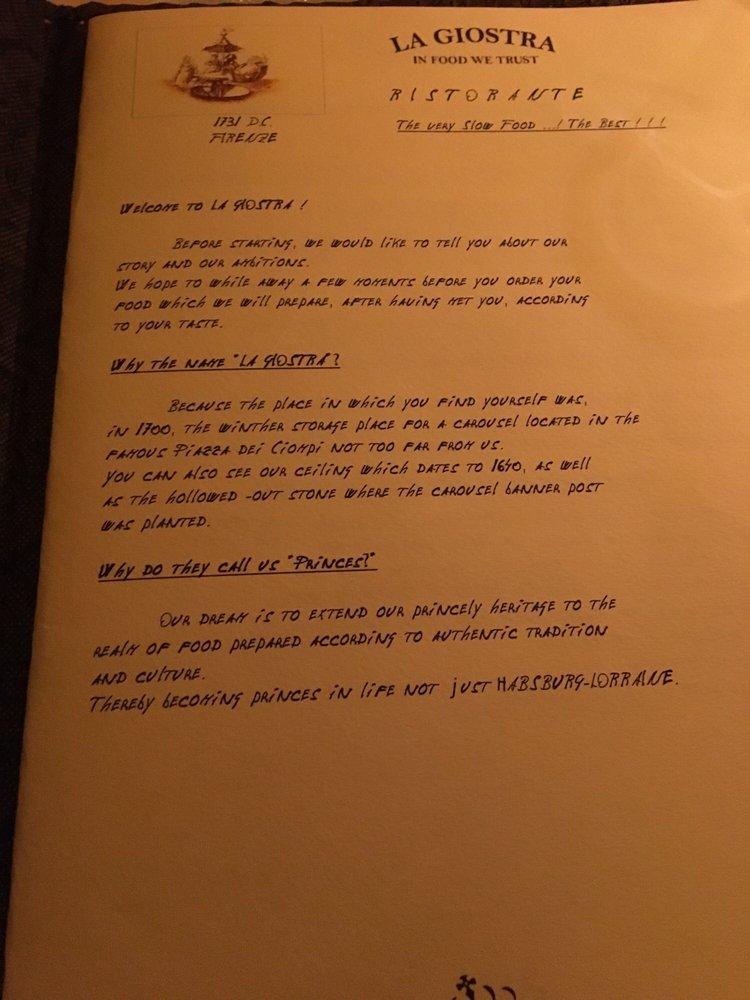 Menu at La Giostra restaurant, Florence, Borgo Pinti