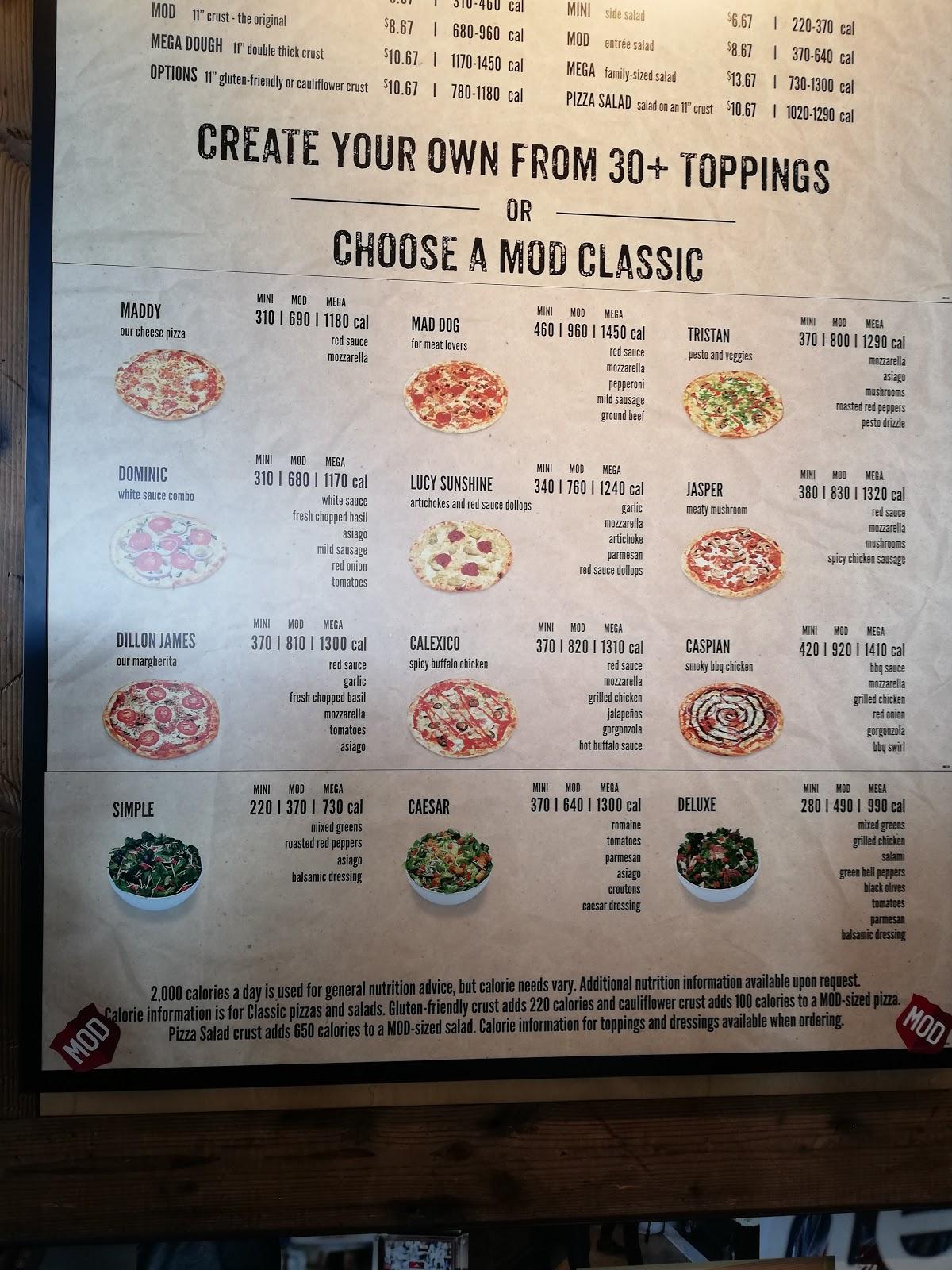 Menu at MOD Pizza pizzeria, Chantilly, Lee Jackson Memorial Hwy Suite S