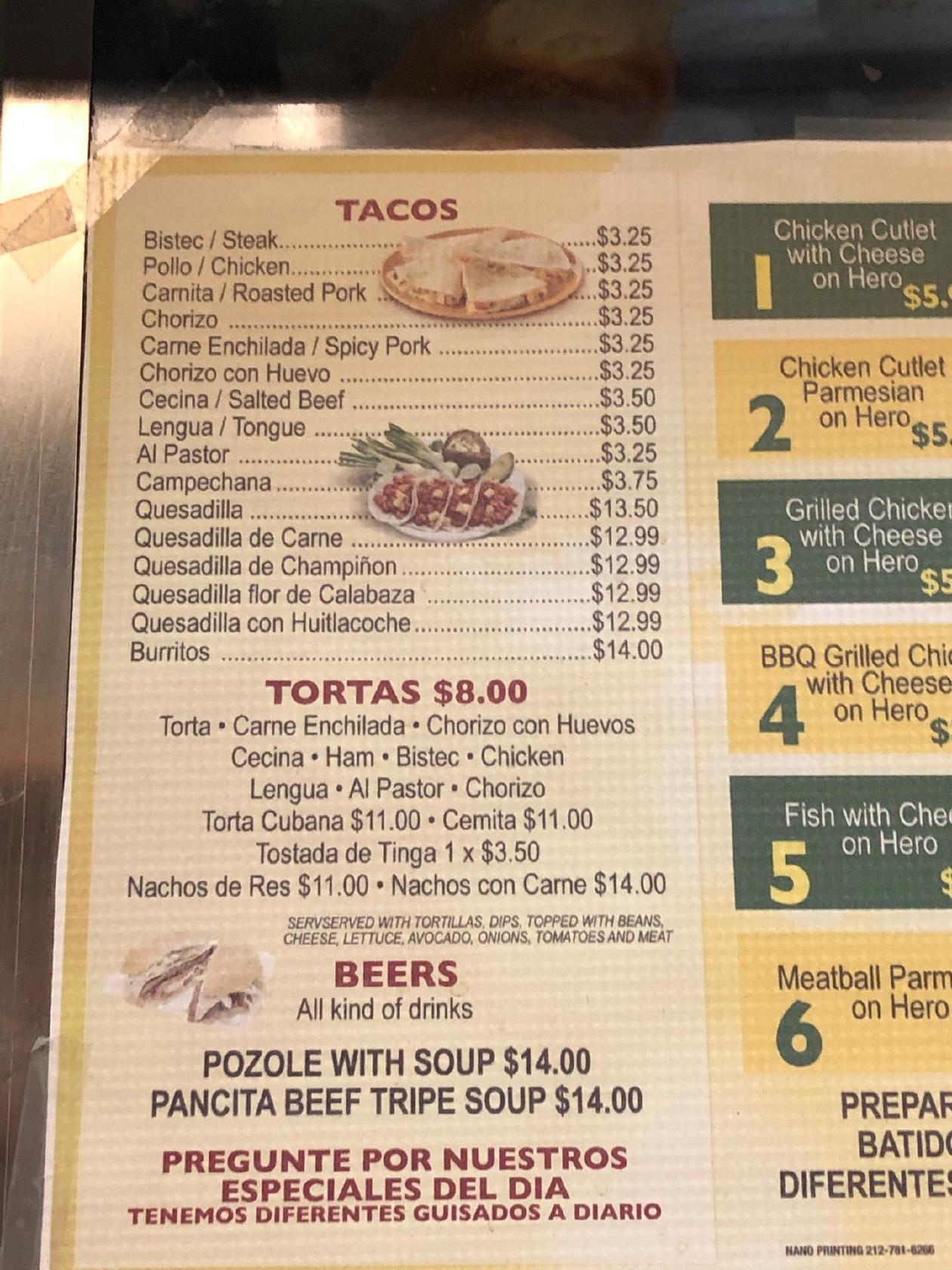 Menu at Mexican Deli, West New York, Broadway