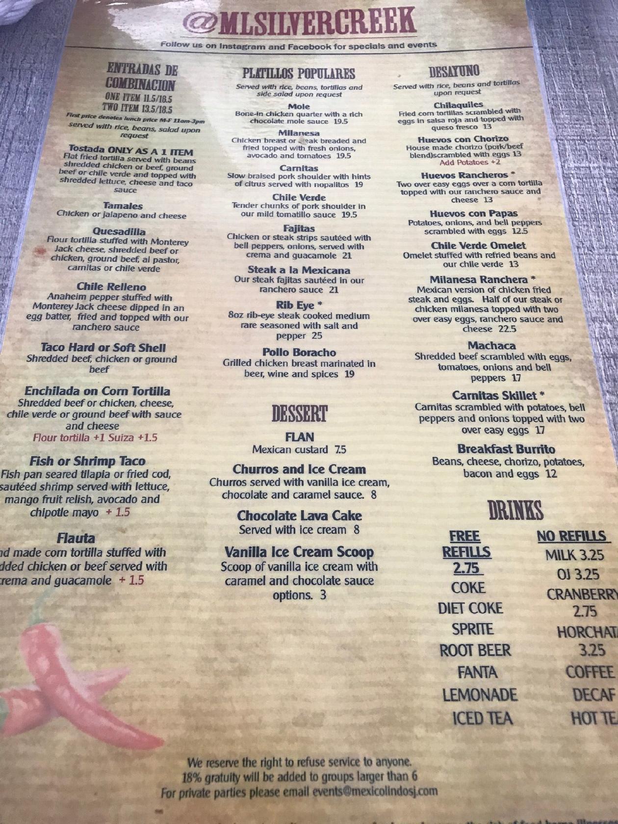 Menu at México Lindo at Silver Creek restaurant, San Jose, Silver Creek ...