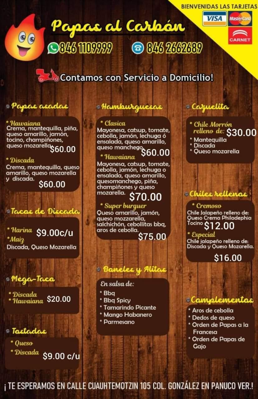 Carta del restaurante Papas al Carbón, Pánuco