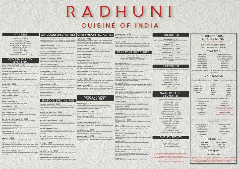 Menu at Radhuni restaurant, South Shields