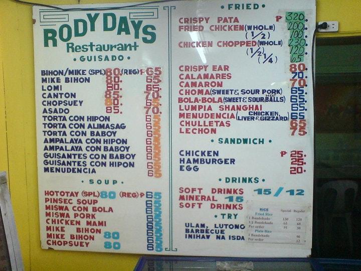Menu at Rody "Happy" Day's Restaurant, Malabon