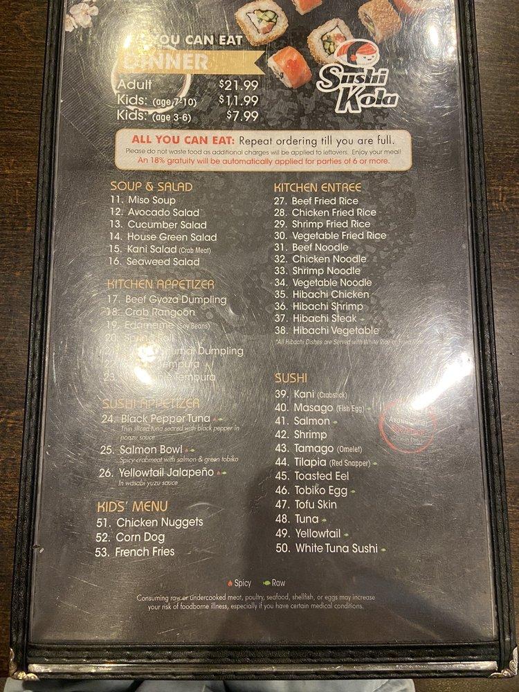 Menu at Sushi Kola restaurant, Fredericksburg