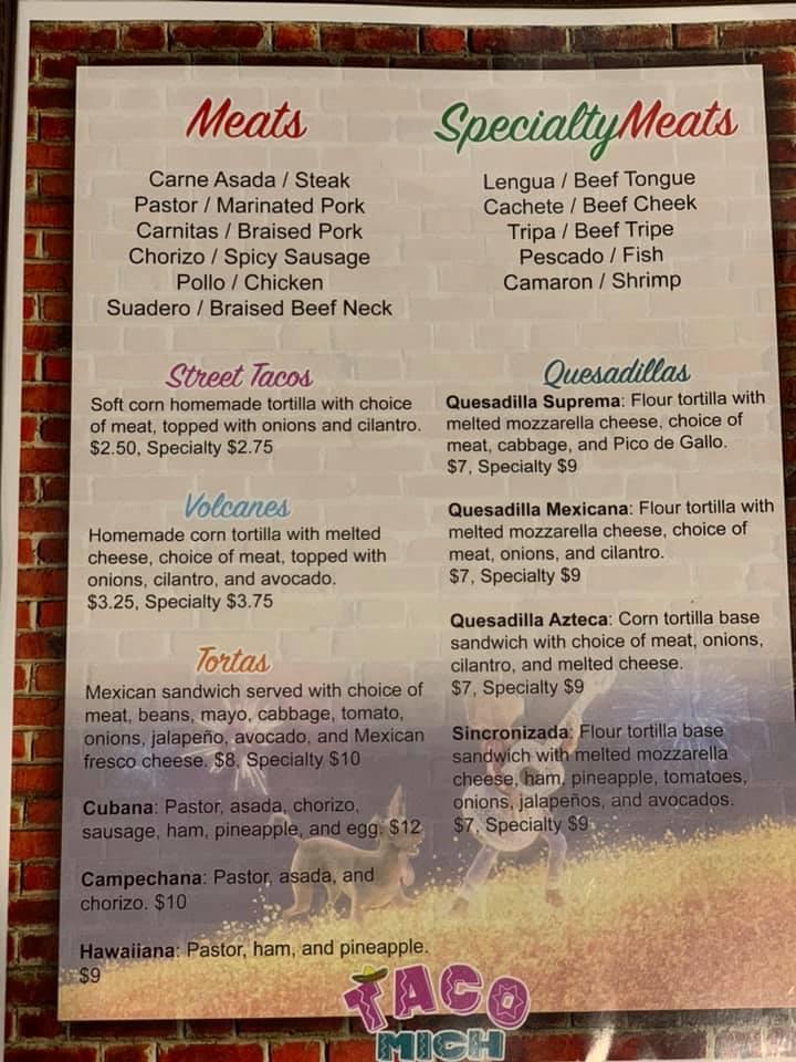 Menu at Maso taco Mich restaurant, Enterprise, E Park Ave
