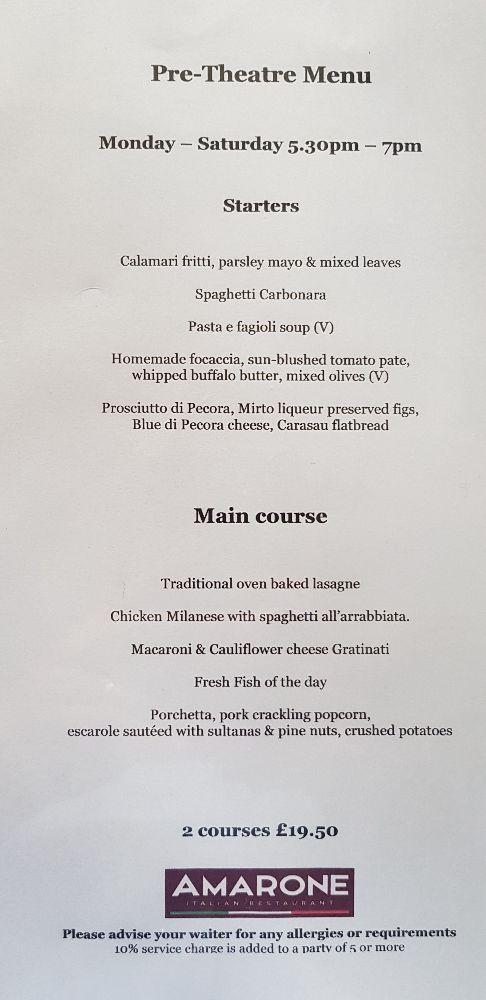 Menu at Amarone Restaurant, Bath