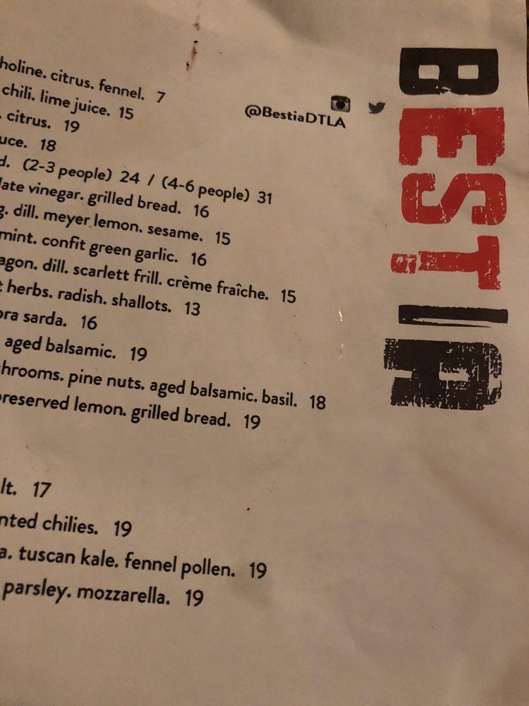 Menu at Bestia pub & bar, Los Angeles