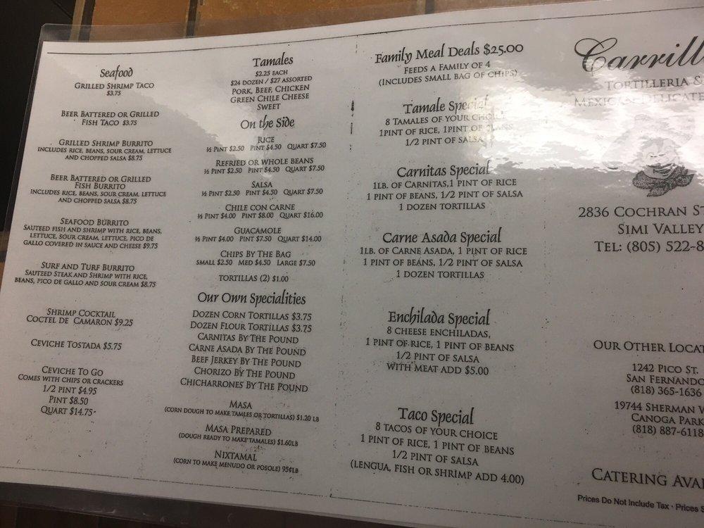 Menu at Carrillo's Mexican Deli restaurant, Simi Valley