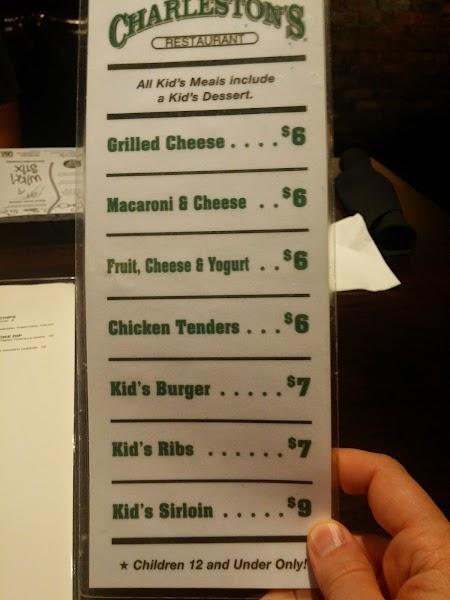 Menu at Charleston's Restaurant, Carmel, Greyhound Plaza