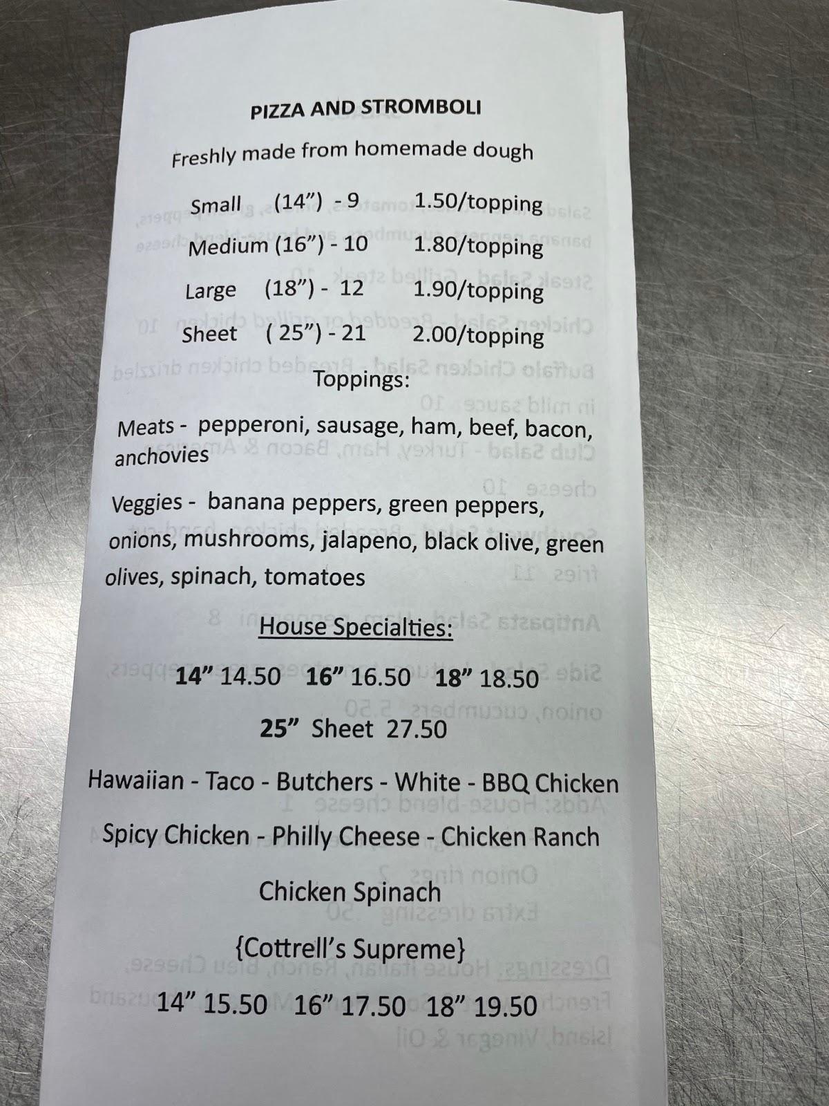 Menu at Cottrell's Country Store pizzeria, Morgantown