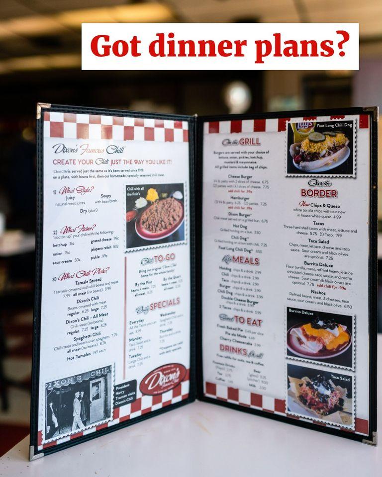 Menu at Dixon's Famous Chili Parlor restaurant, Independence