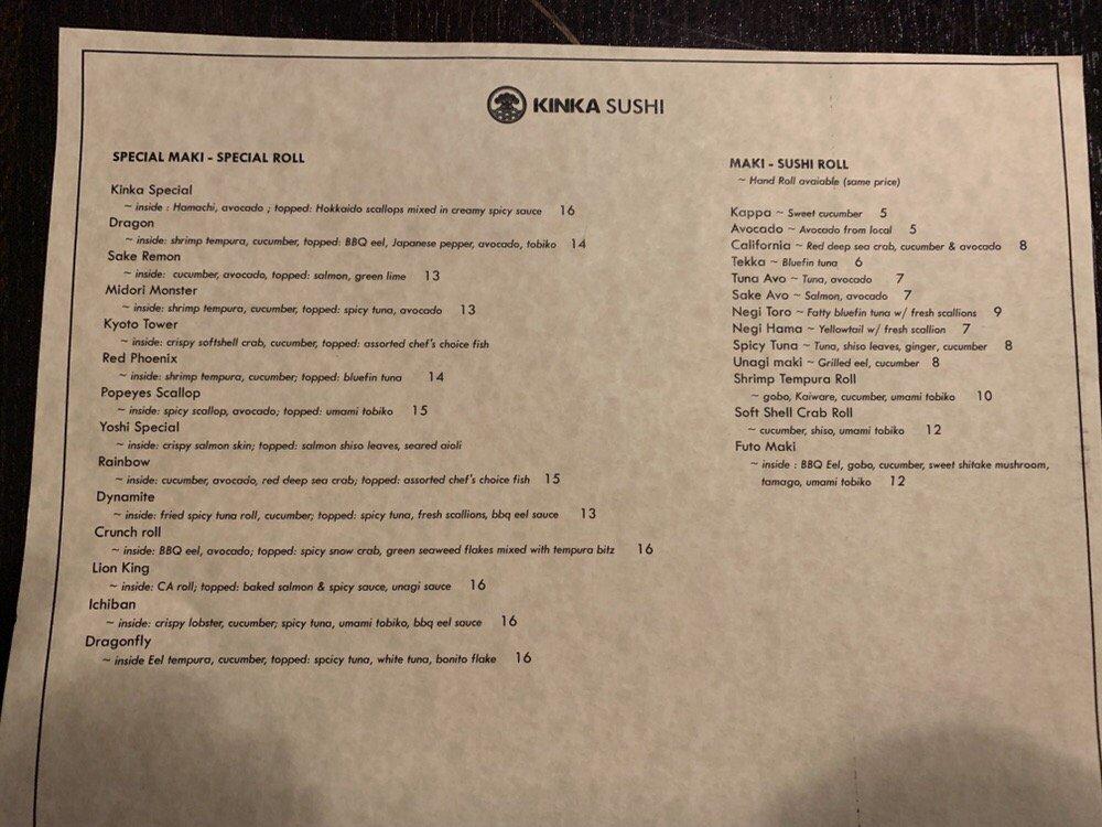 Menu at Kinka Sushi restaurant, Petaluma