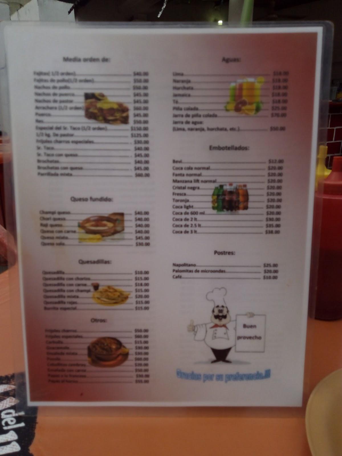 Menu at Señor Taco restaurant, Calkini