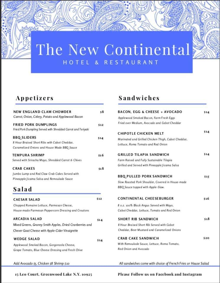Menu at The New Continental Hotel and Restaurant, Greenwood Lake