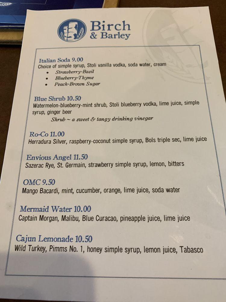 Menu at Birch and Barley, Pullman