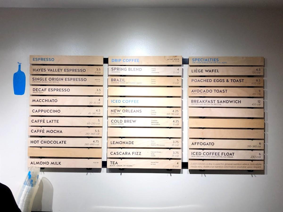 Menu at Blue Bottle Coffee cafe, Palo Alto, 456 University Ave
