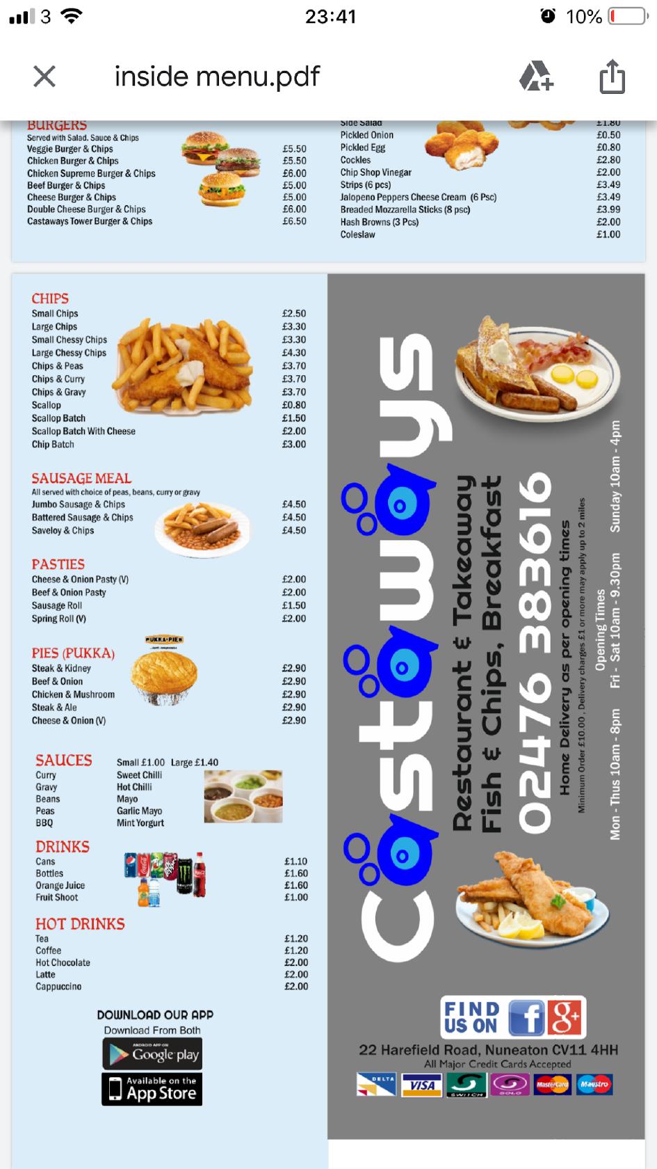 Menu at Castaways restaurant, Nuneaton