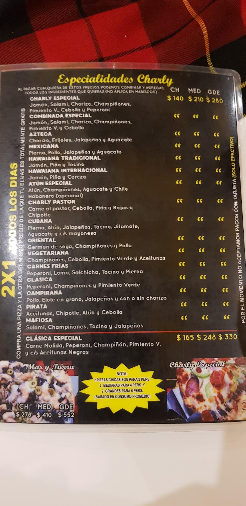 Carta del restaurante Charly Pizza, Ciudad del México