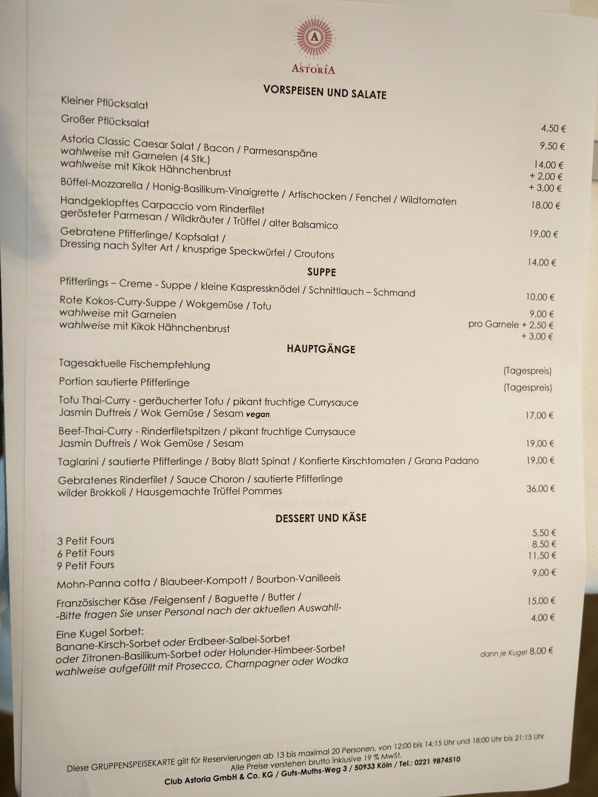 Speisekarte von Club Astoria, Köln