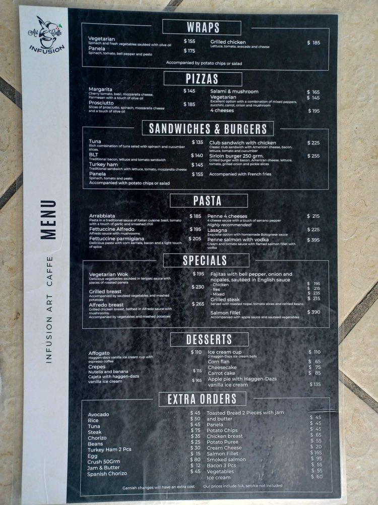 Carta de cafetería Infusion Art Caffe, Cabo San Lucas