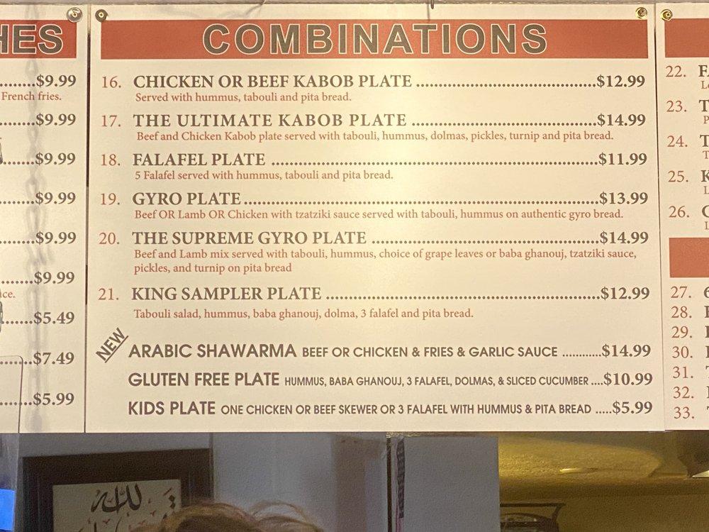 Menu at King Falafel restaurant, Sebastopol