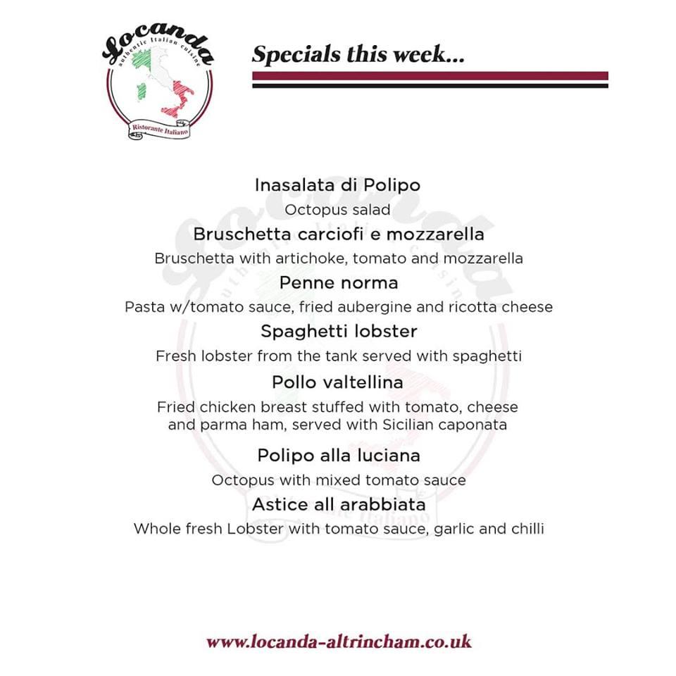 Menu at Locanda restaurant, Altrincham