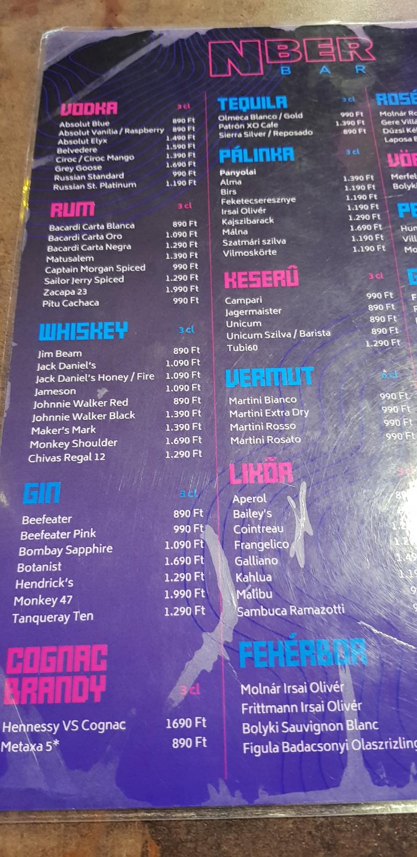 Menu at NBER Bár pub & bar, Budapest