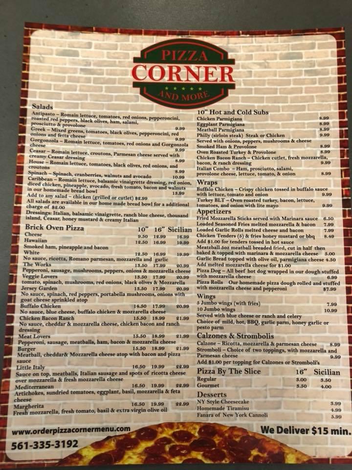 Menu at Pizza Corner Brick Oven Pizza pizzeria, Greenacres