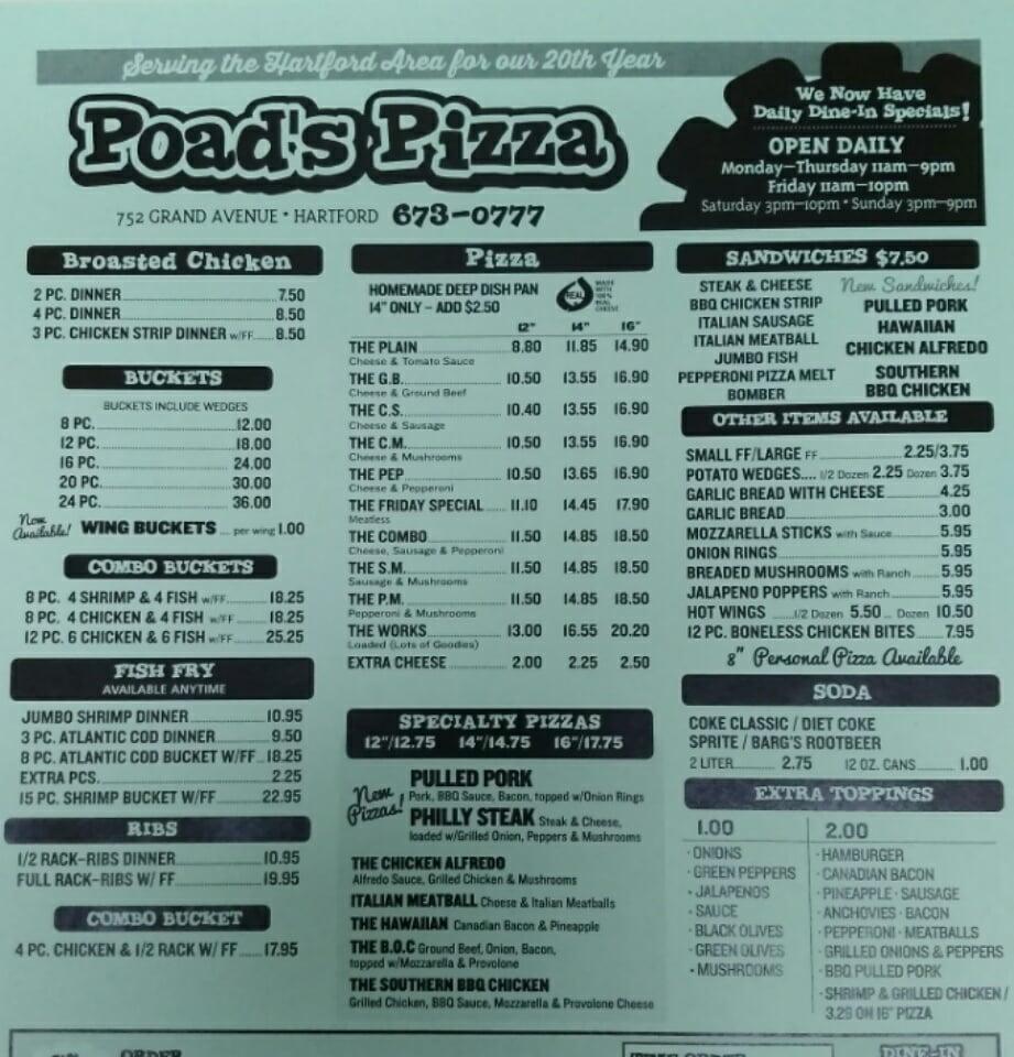 Menu at Poad's Pizza pizzeria, Hartford