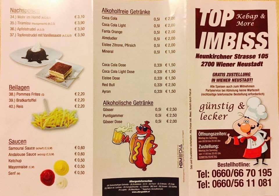 Speisekarte von TOP Imbiss Wiener Neustadt restaurant, Wiener Neustadt