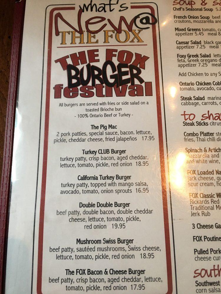 Carta del pub y bar The Fox, Toronto, 35 Bay St.