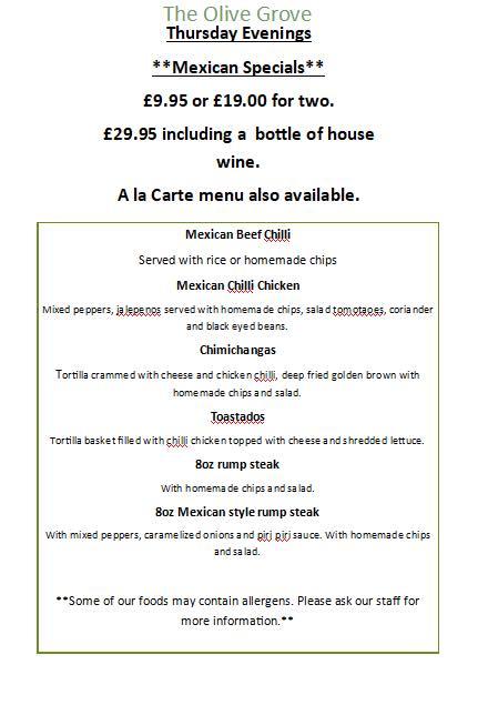 Menu at The Olive Grove restaurant, Cannock