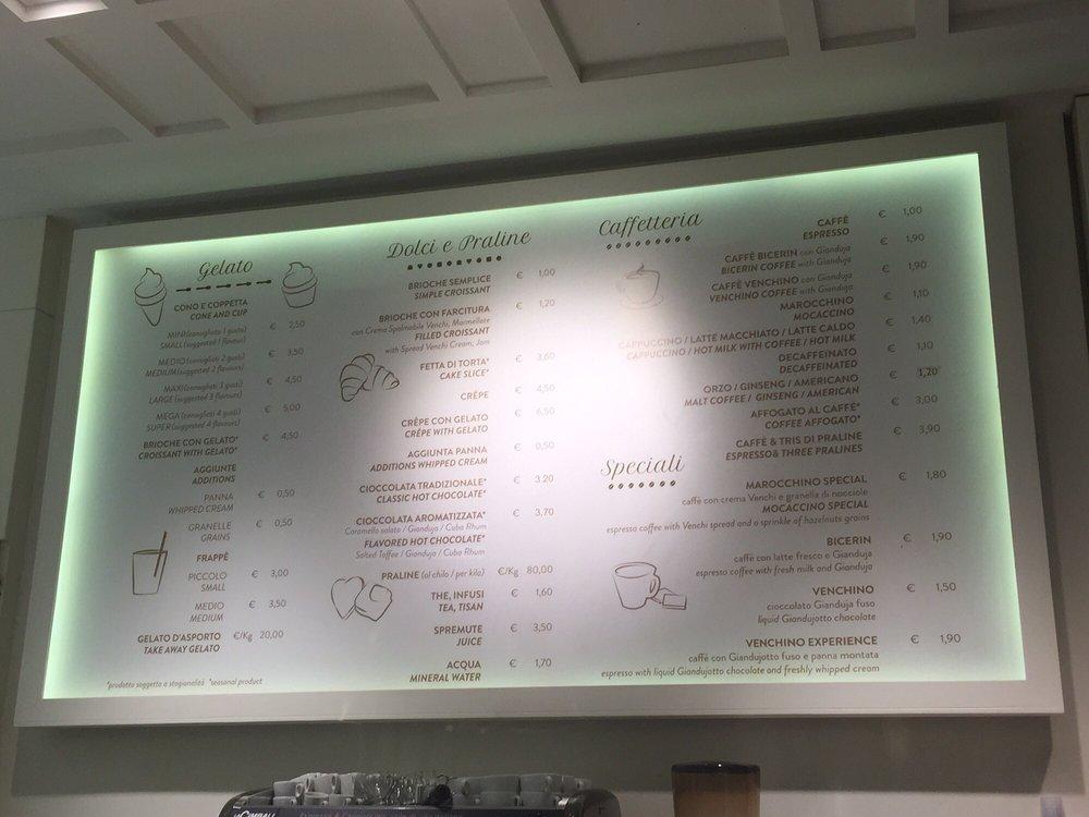 Menu at Venchi desserts, Florence, Via Dei Calzaiuoli 65/R