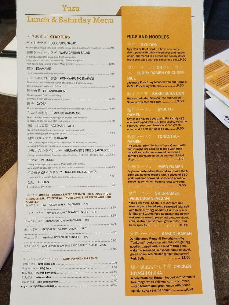 Menu at Yuzu restaurant, Beaverton