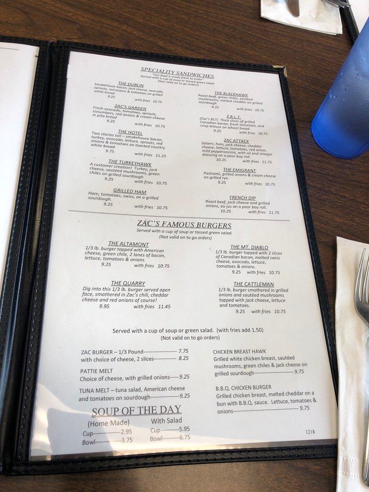 Menu at Zac's Cafe, Dublin