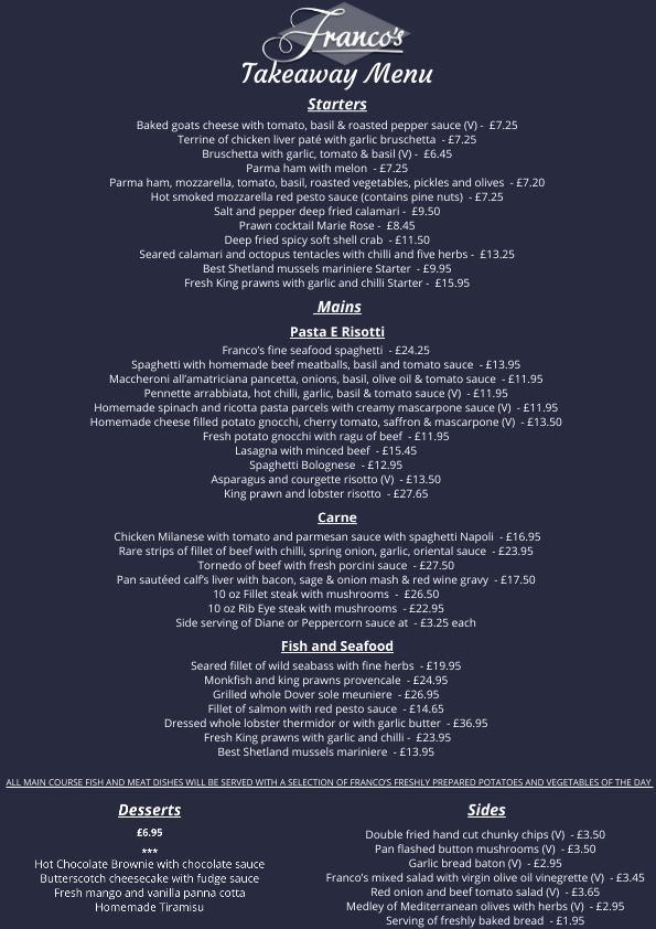 Menu at Franco's restaurant, Clacton-on-Sea