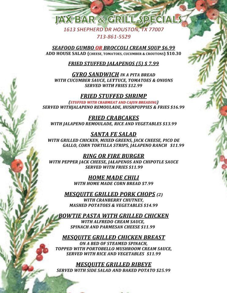 Menu at Jax Grill restaurant, Houston, Shepherd Dr
